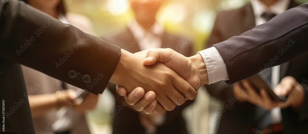 Business individuals joining hands in a firm handshake, signifying ...