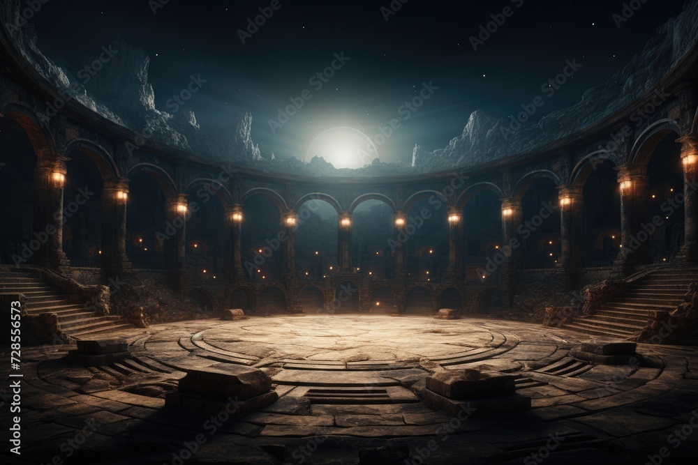 Antique arena podium for battles, marble columns, moon and night ...