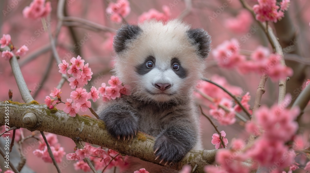 Adorable small baby panda with big eyes sitting on a sakura branch in a ...