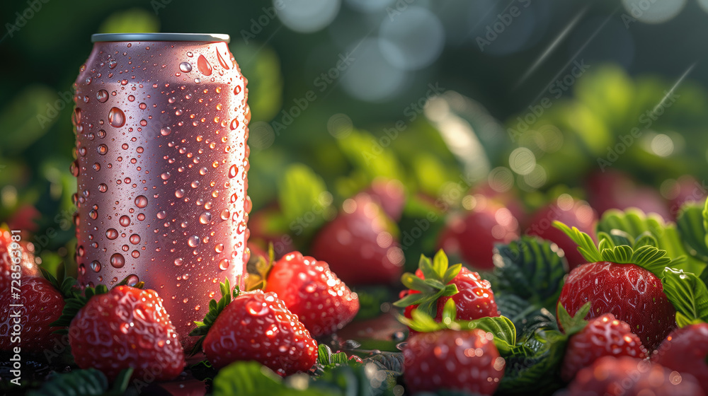 Mockup aluminum water Strawberry can with water droplet on surface can ...