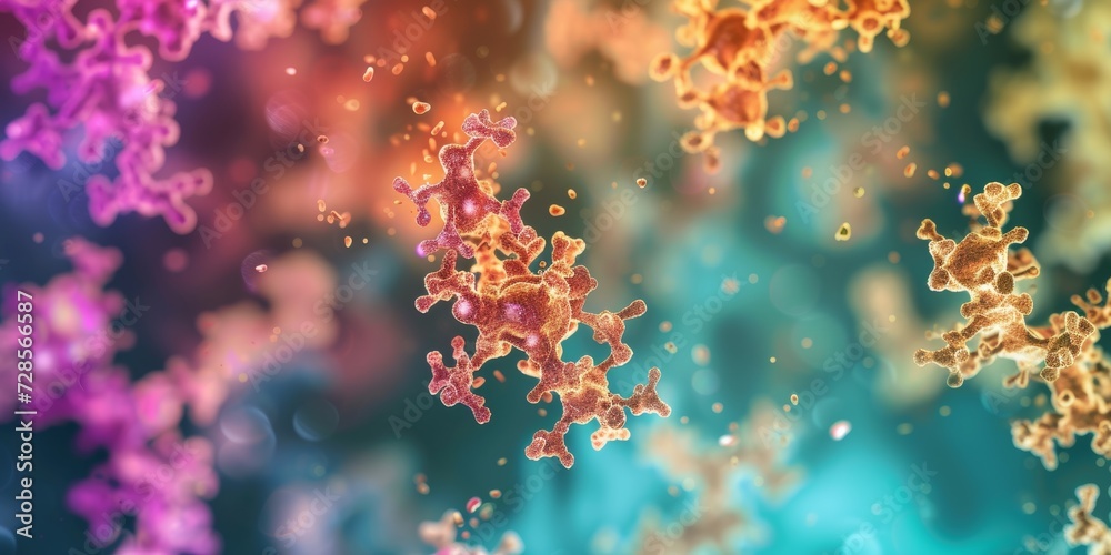 Microscopic antibody ballet, with tiny, graceful shapes in various ...