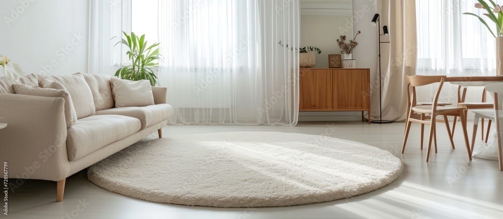 Round white carpets in a bright living room with a cupboard between a ...