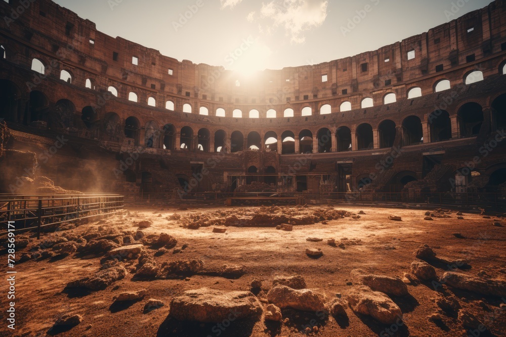 Antique arena podium for battles, marble columns, dust in the air ...