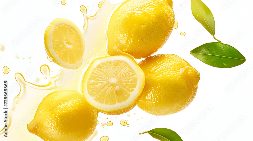 Fresh lemon juice dripping with lemon fruits levitate isolated on white ...