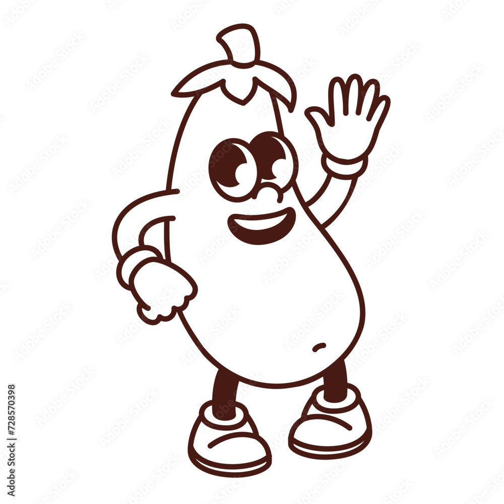 Groovy cartoon monochrome eggplant character waving hello. Retro ...