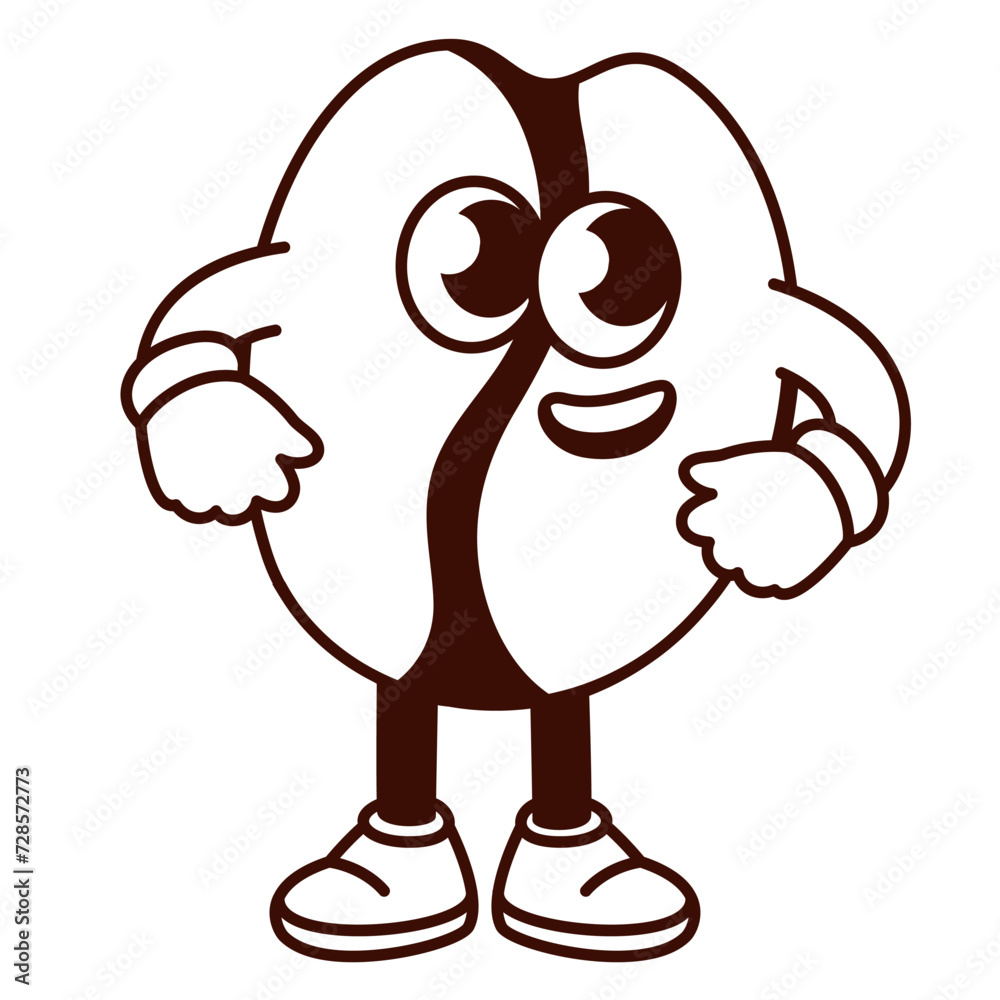 Groovy cartoon monochrome coffee bean character smiling. Funny retro ...