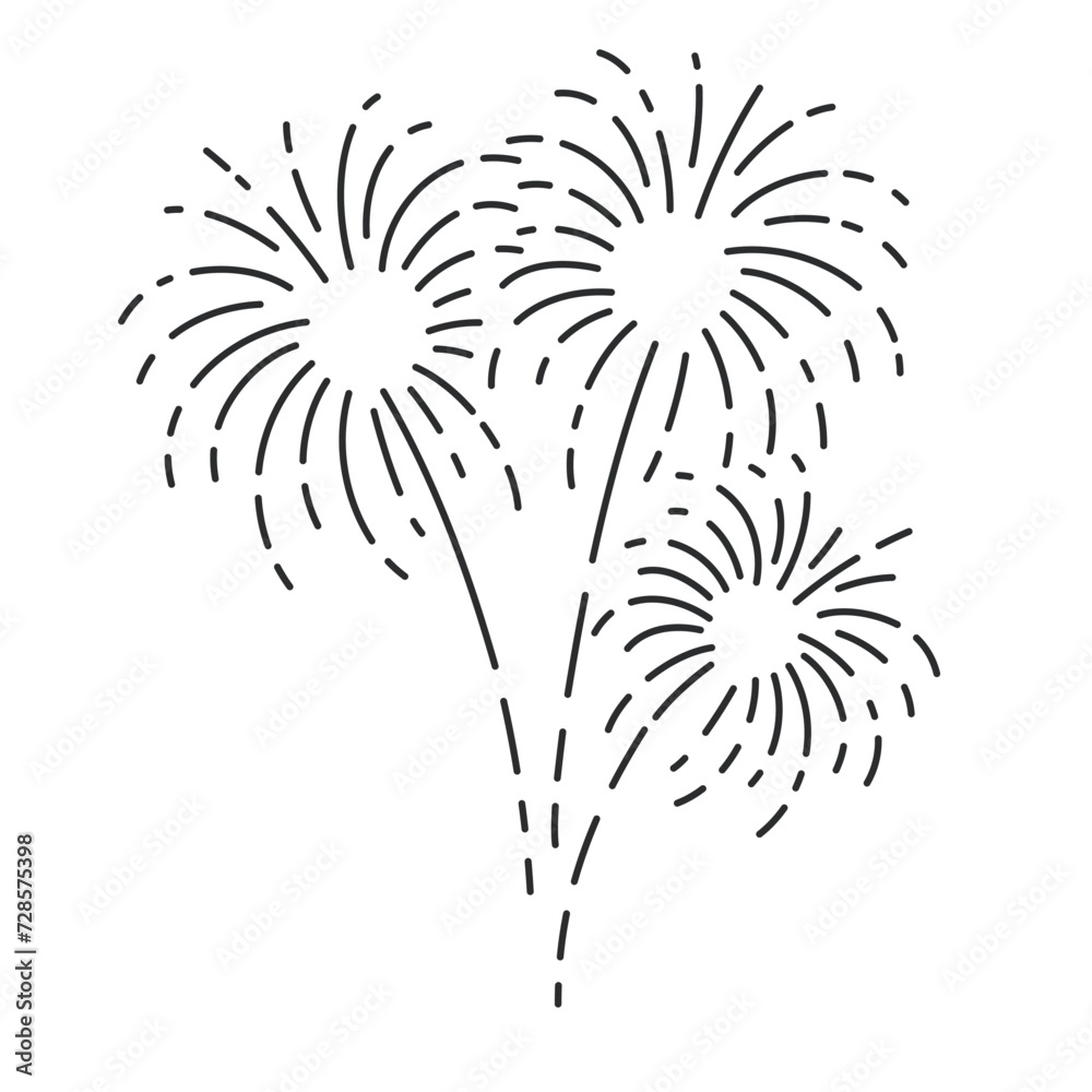 Fireworks three explosion line icon. Thin black outline silhouette of ...