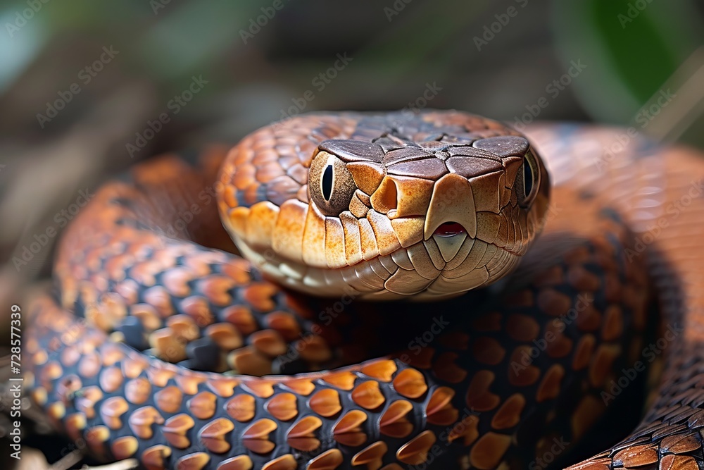 An intricately scaled serpent, basking in the sun amidst the wild grass ...