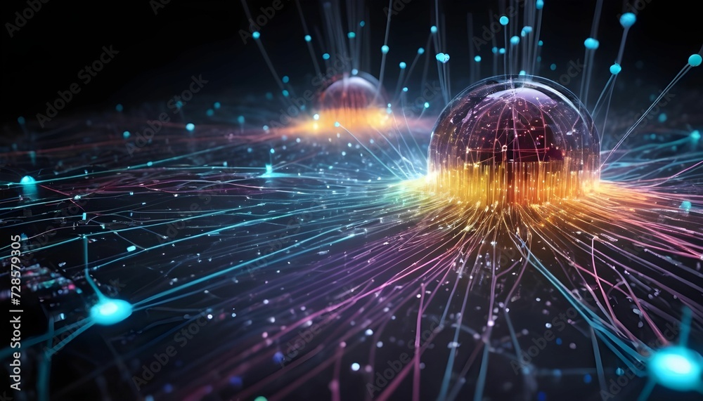 Abstract tech background with illuminated fiber optic connections, quantum computing network ...