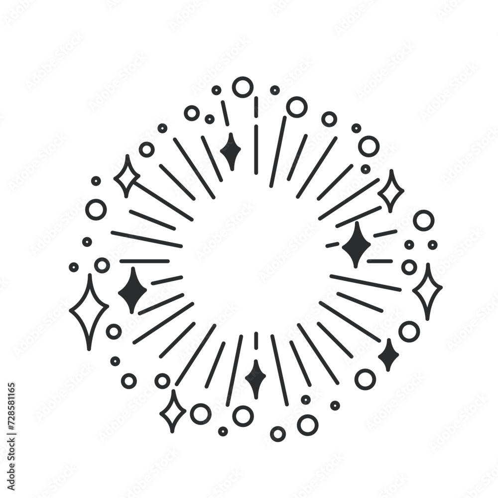 Fireworks explosion with glitter and stars in circle line icon. Thin ...