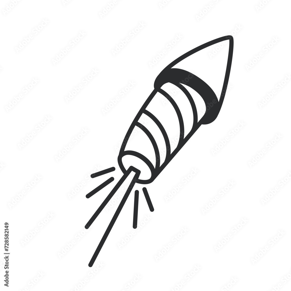 Firecracker rocket flying line icon. Thin black outline silhouette of ...