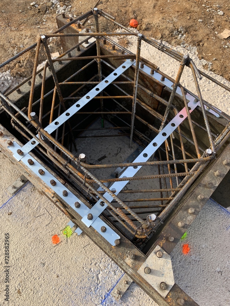 High angle shot of a formwork ready to pour concrete. Reinforced ...