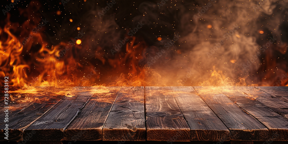 wooden table with fire burning on the edge of the table, fire particles ...