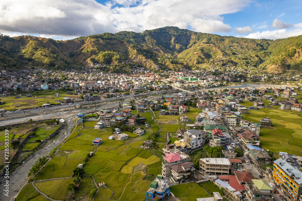 Aerial of the town of Bontoc, the capital of the landlocked province of ...