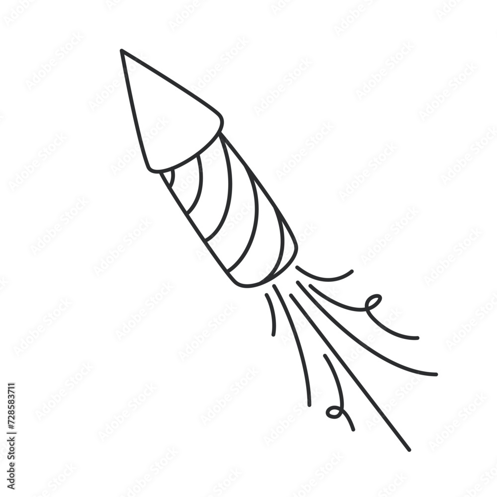 Firecracker rocket flying line icon. Thin black outline silhouette of ...