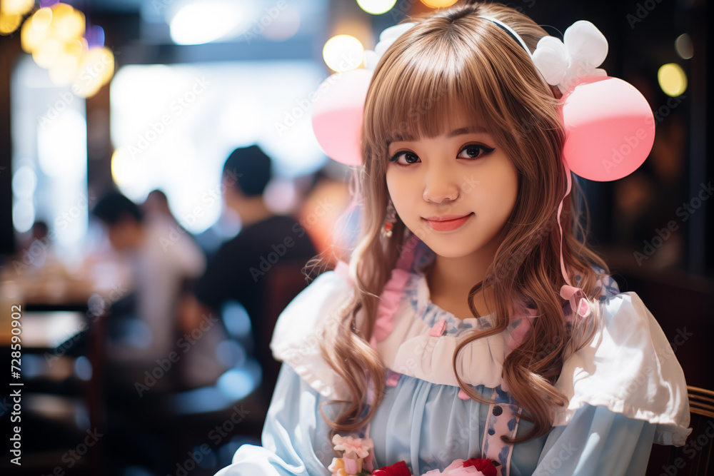 Maid Café. A cheerful young woman dressed in a vibrant maid costume ...