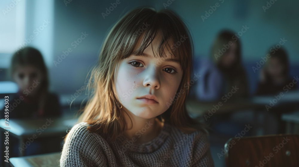 small school child, a caucasian girl, age 5 to 8 years old, angry or ...