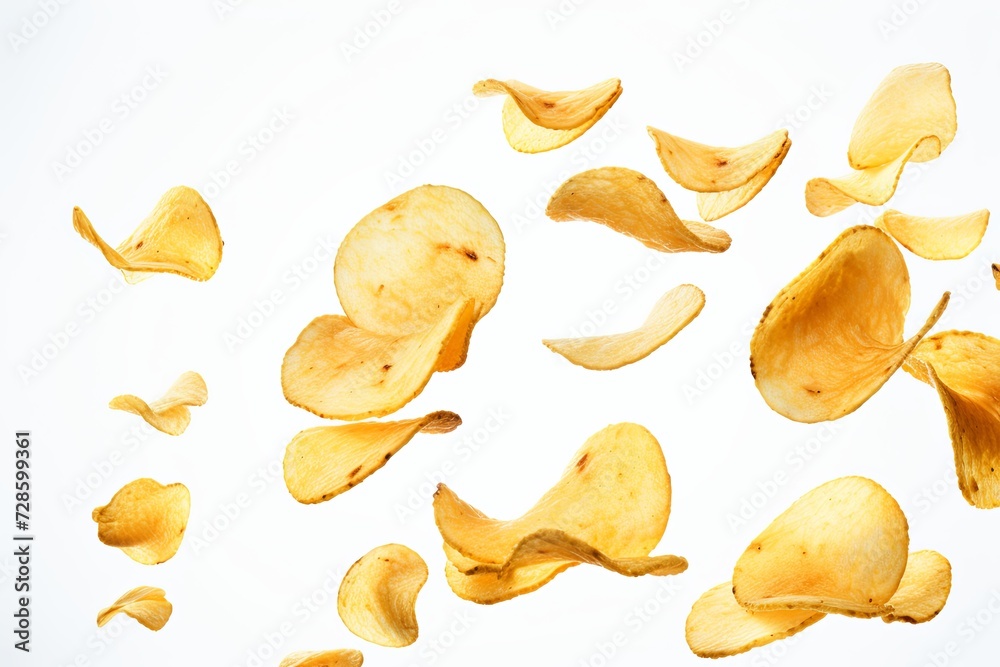 Potato chips, falling against a white background, create a captivating ...