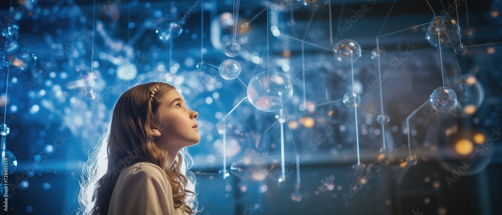 double exposure photography of girl student thinking in science class ...