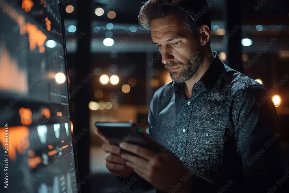 A man stands in a dimly lit room, his face illuminated by the glow of a ...