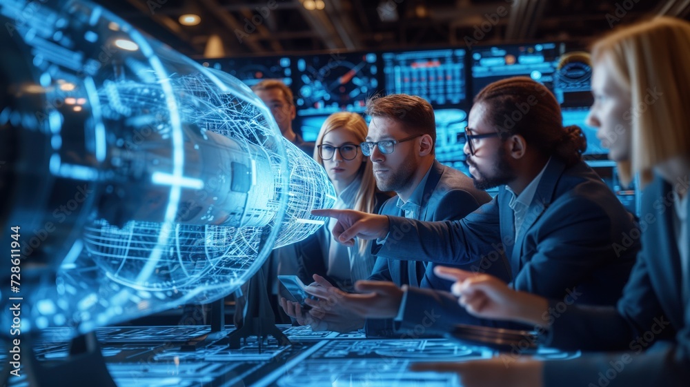 team of professionals pointing to and discussing a holographic ...