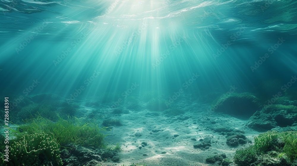 Beautiful light sea background with algae on the bottom large copyspace ...