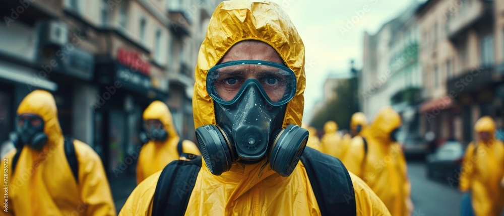Man wearing bio hazard suits in on city streets due to pollution and ...