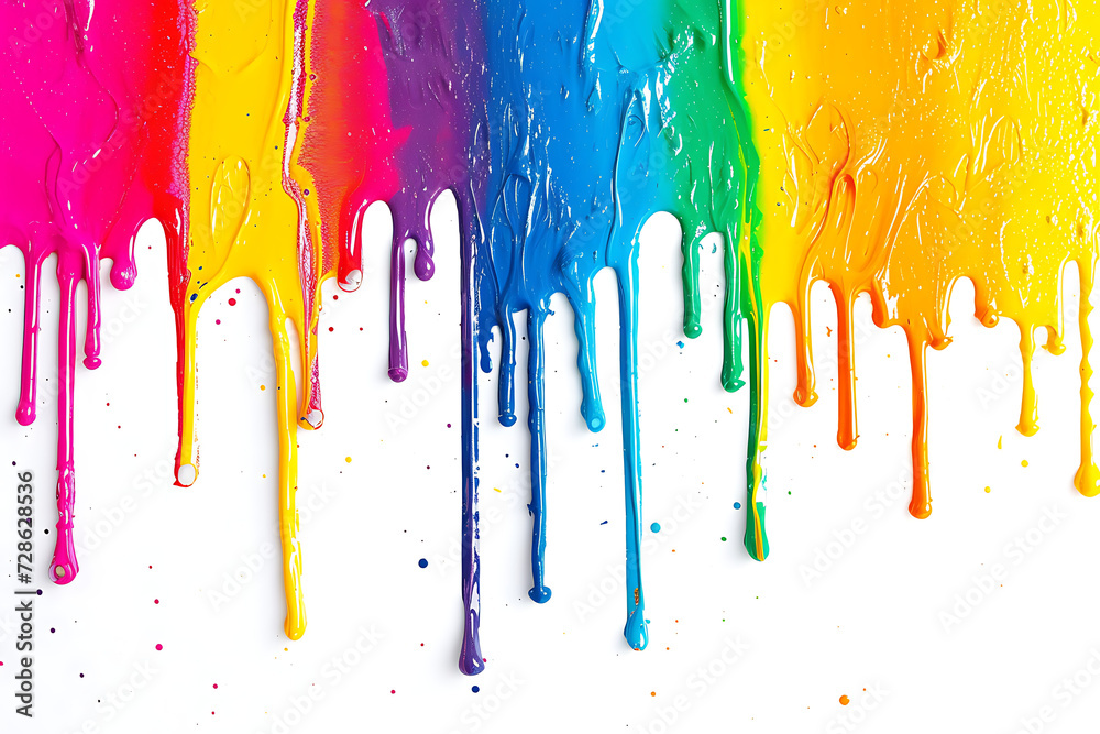 Rainbow colored paint dripping on white background. Banner with colored ...