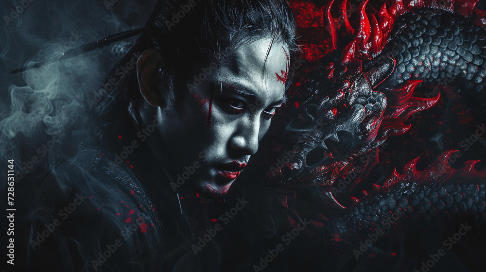 immortal vampire, with pale skin and sharp fangs, shrouded in the night ...