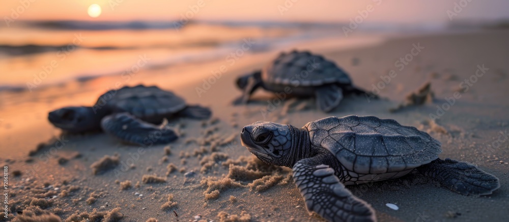 Baby loggerhead sea turtles emerge from their nest and head to the ...