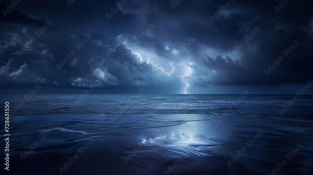 vast ocean under a dark stormy sky, suddenly lit by a magnificent ...