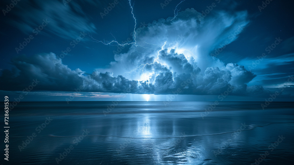 vast ocean under a dark stormy sky, suddenly lit by a magnificent ...