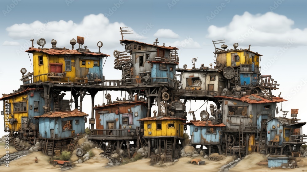 Cartoon abandoned buildings in a desert Stock Illustration | Adobe Stock