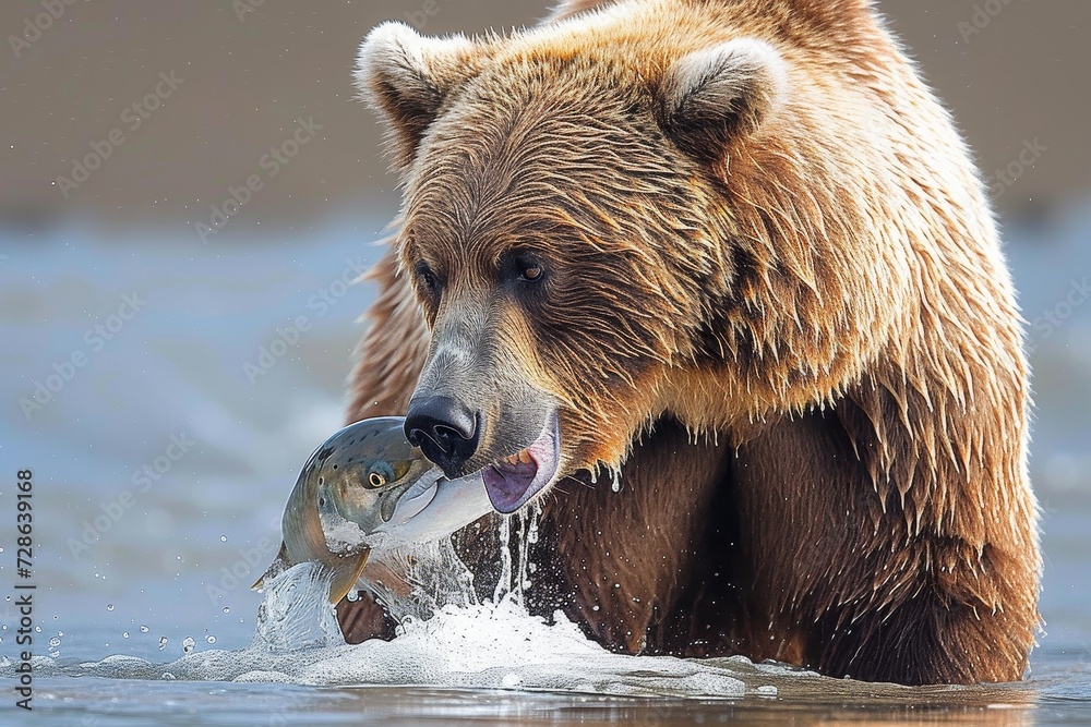 A majestic brown bear proudly carries its prized catch, a shimmering ...