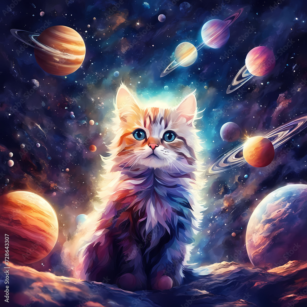 Cute cat in fantastic outer space, among planets and comets. the ...