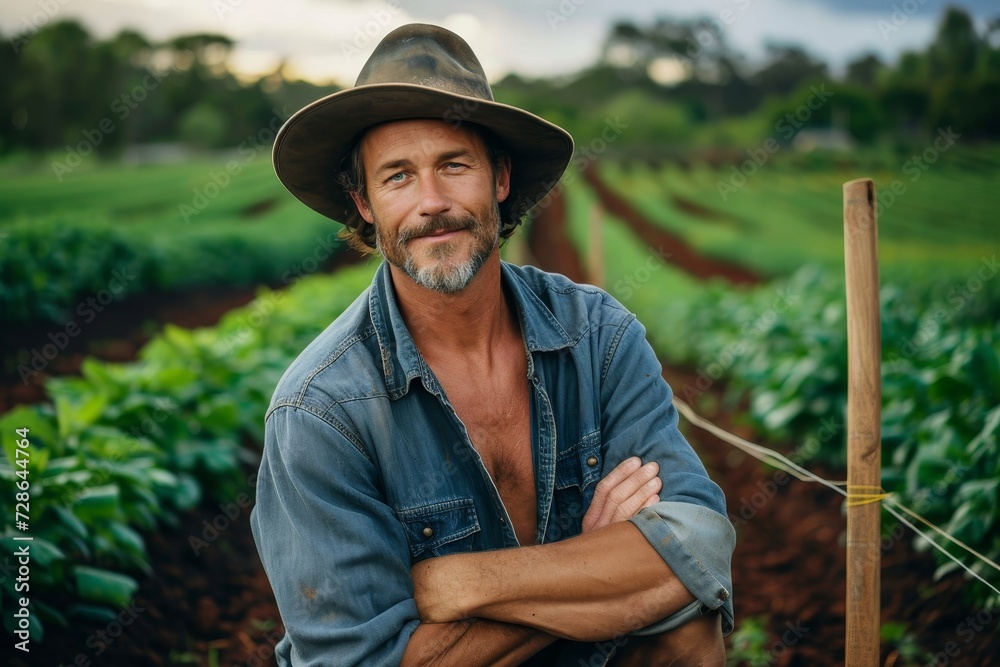 A rugged farmer stands proudly in a sun-drenched field, his wide ...