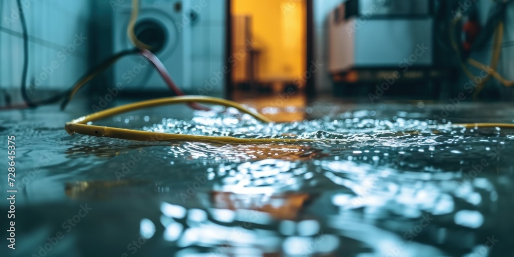 Clearing flood in electric room or basement, deep water on floor, mop ...