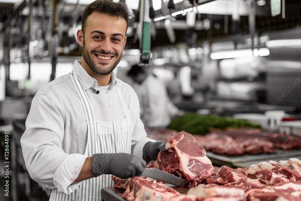 A skilled butcher dressed in traditional attire expertly carves and ...
