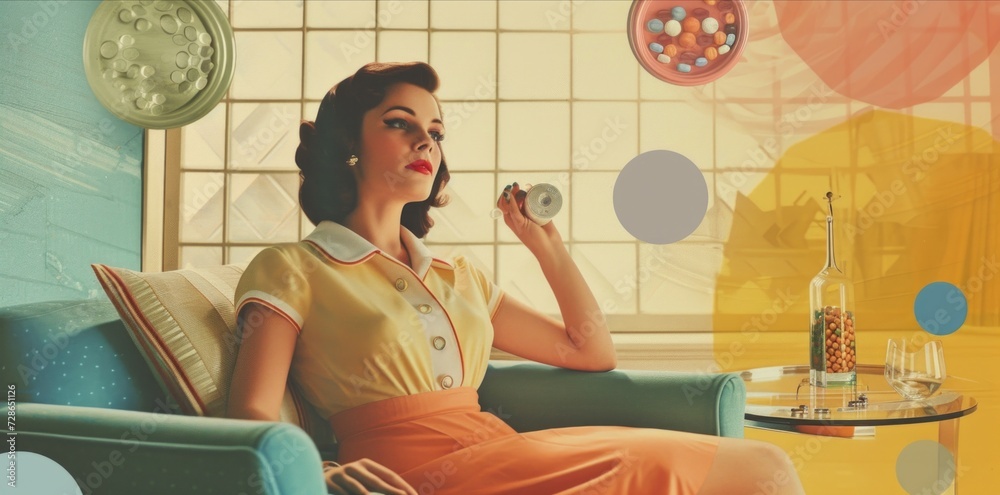 classic retro illustration,american housewife indoor at home, taking ...