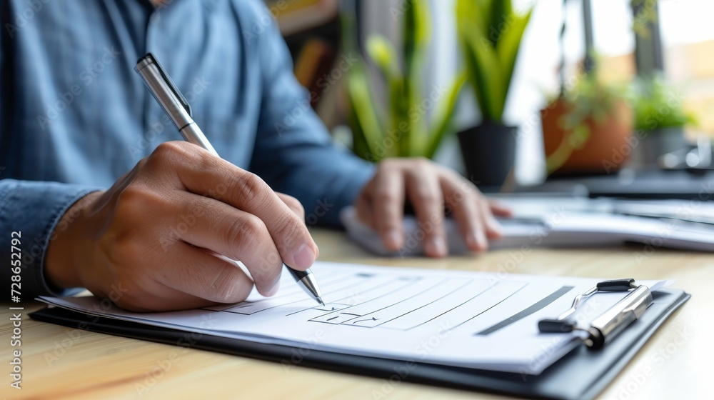 Office desk scene, businessman's hand poised to tick off a checklist ...