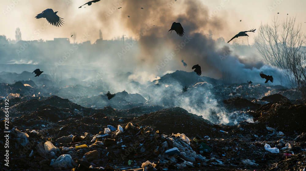 Birds in flight over a blazing fire at a landfill, a stark visual ...