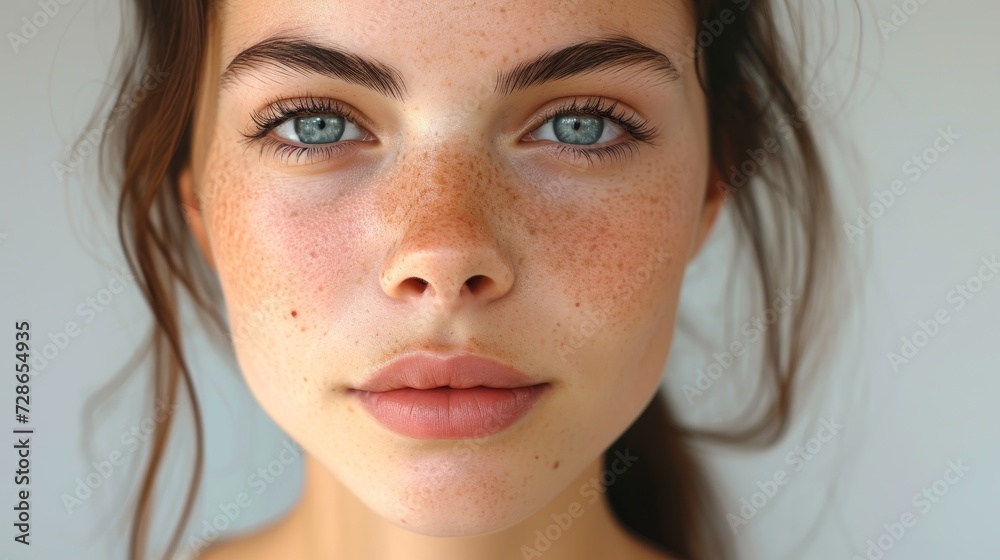 A young woman's face with a dark circle under her eye isolated on a ...
