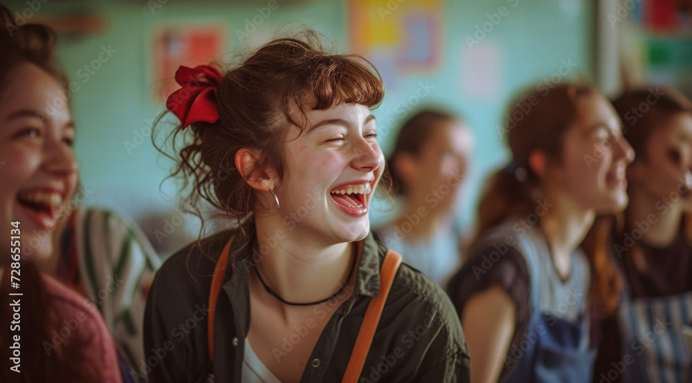 group of pupils and adolescents in classroom laughing and smiling Stock ...