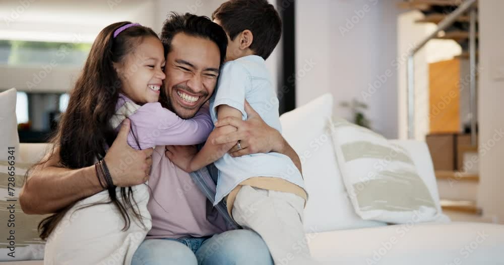 Running, sofa or dad with children to hug in home for care, safety or ...