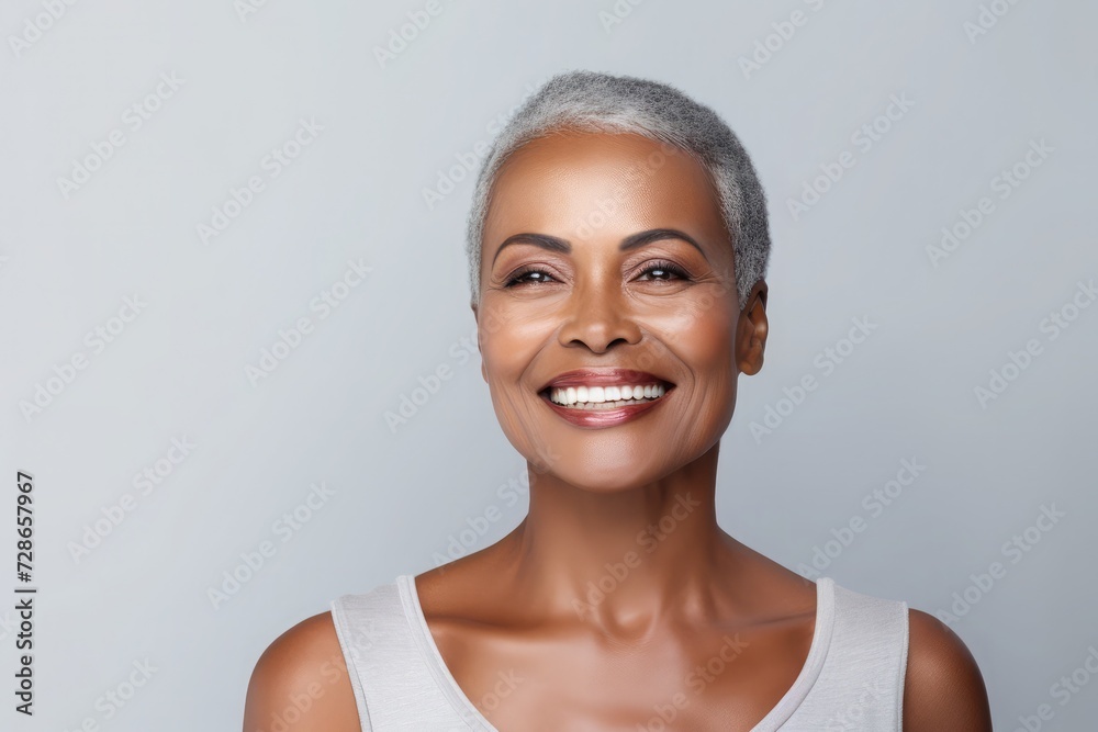 Dark skin woman with smooth healthy face skin. Beautiful aging mature ...