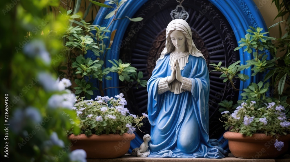 Image of Our Lady in a blue mantle kneeling in front of a well reaching ...
