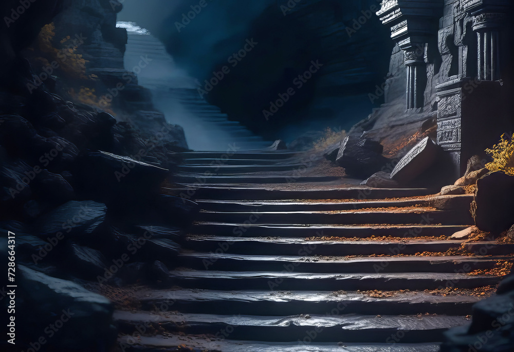 a dark staircase going down the side of a rock and leading to the ...