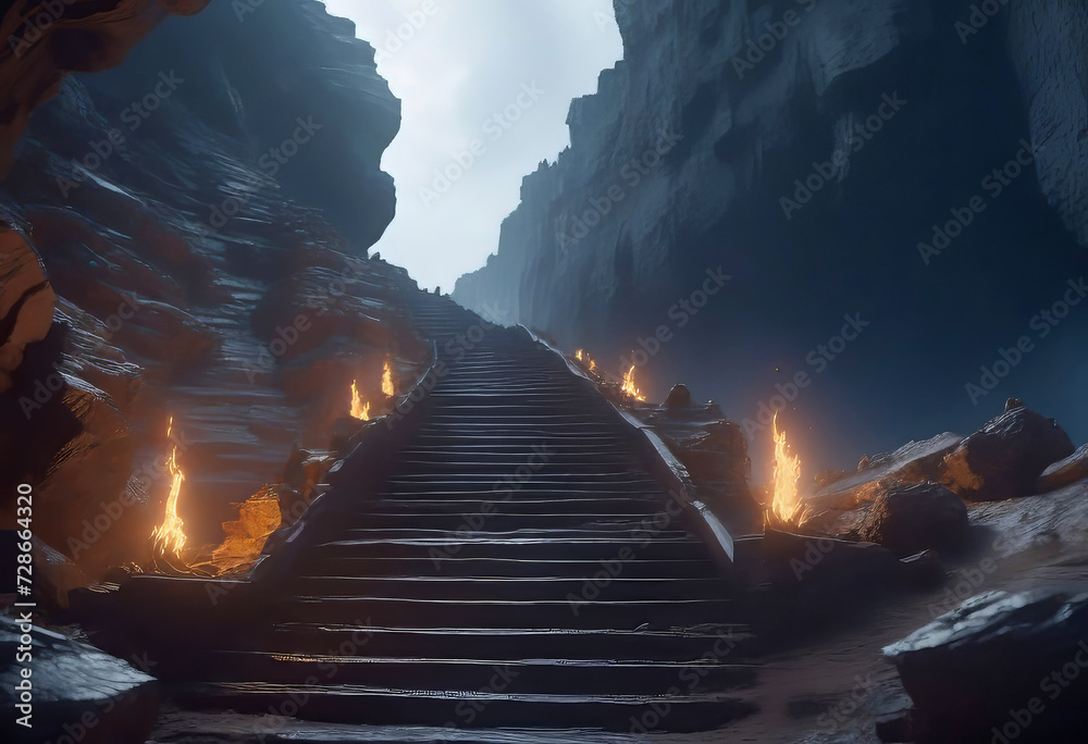 a dark staircase going down the side of a rock and leading to the ...