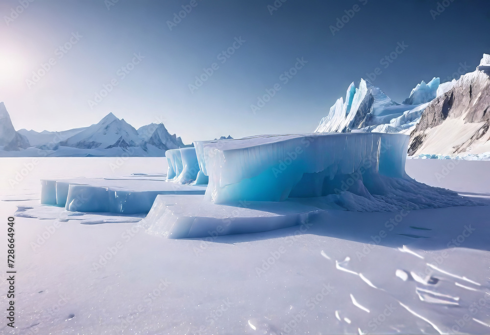 Abstract Ice background with podium, iceberg in ocean, cold winter ...