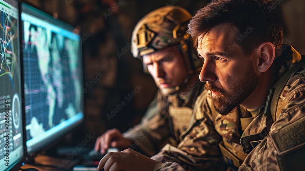US military officers looking at a computer screen during a command and ...